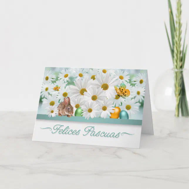 Spanish Easter Daisy Garden Bunny and Eggs Card | Zazzle