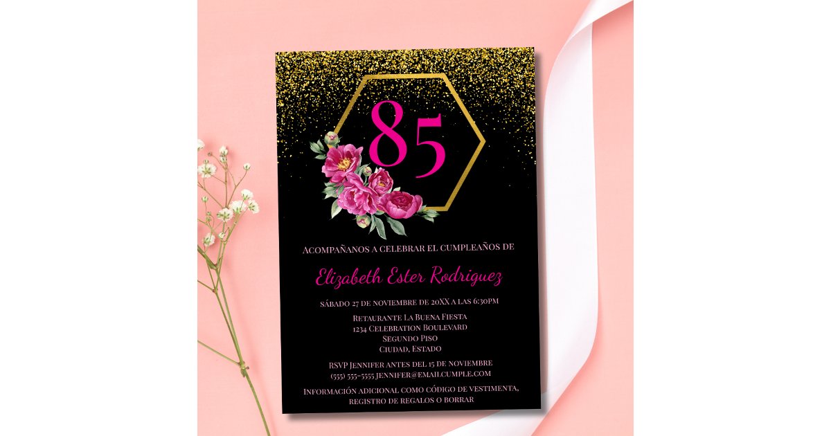 Spanish Elegant Black Gold & Pink 85th Birthday Invitation | Zazzle