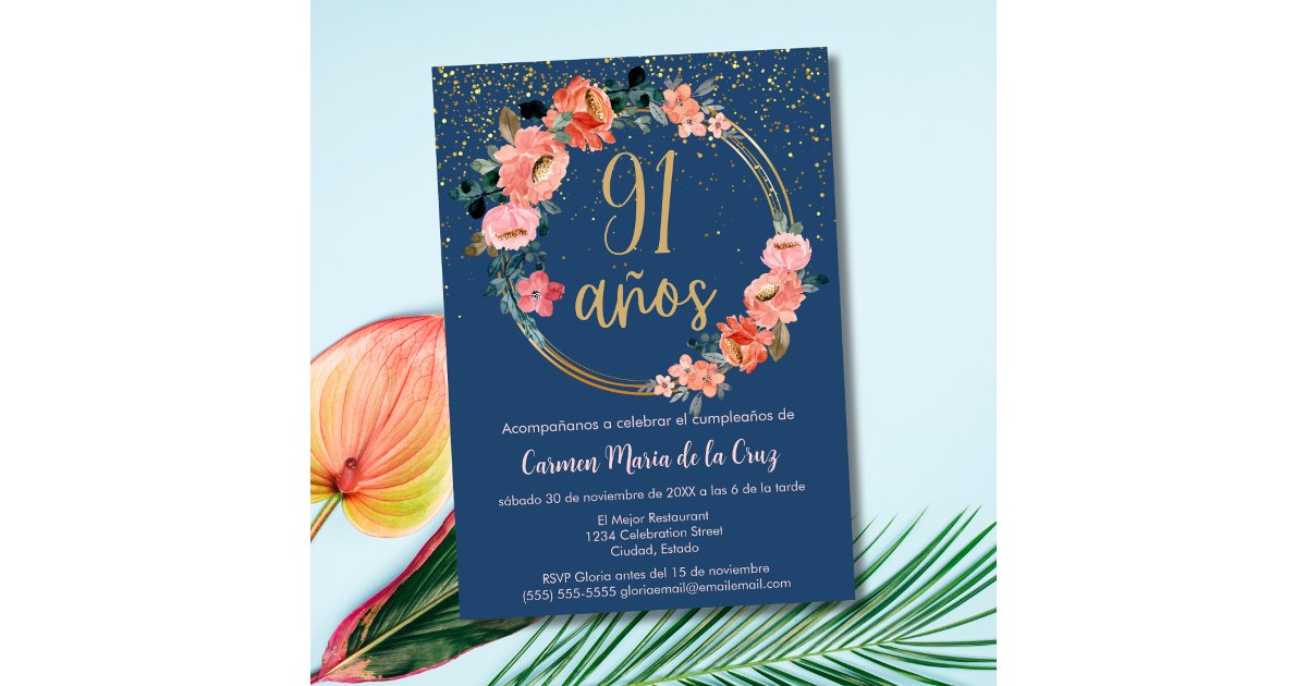 Spanish Elegant Chic Blue Pink 91st Birthday Invitation | Zazzle