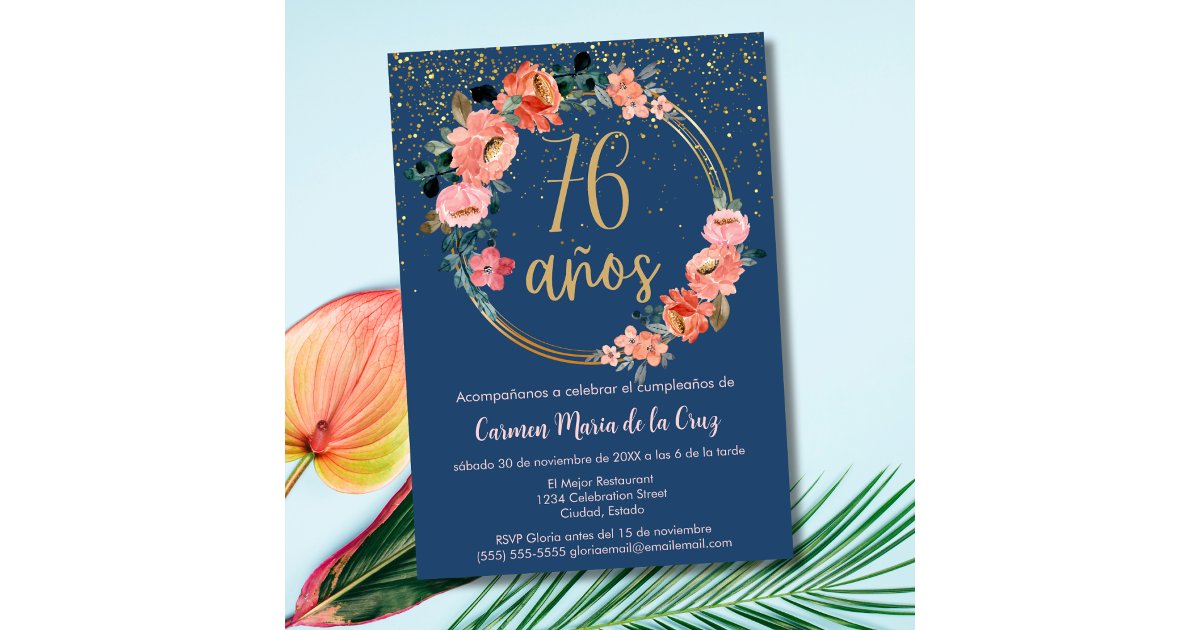 Spanish Elegant Chic Floral 76th Birthday Party Invitation | Zazzle