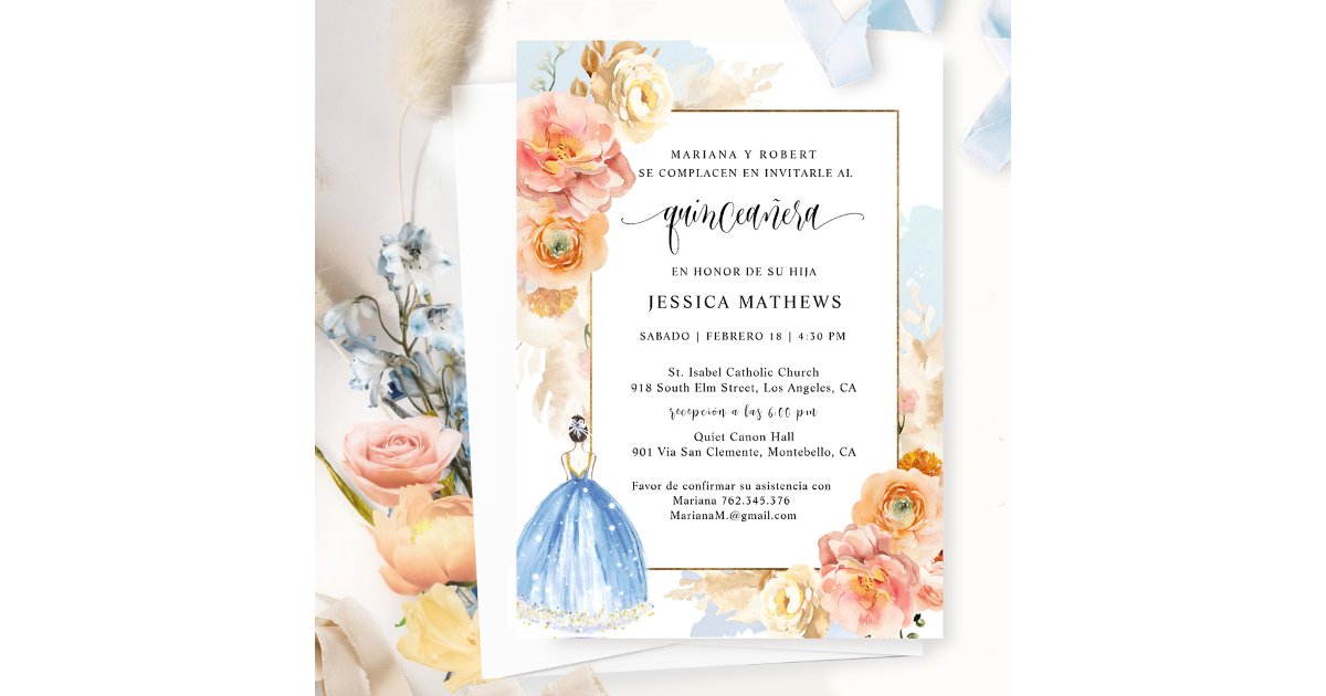 Spanish, Elegant Light Blue Floral Quinceañera Invitation | Zazzle