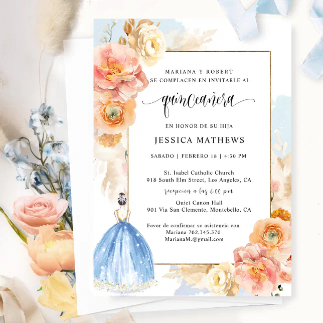 Spanish, Elegant Light Blue Floral Quinceañera Invitation | Zazzle