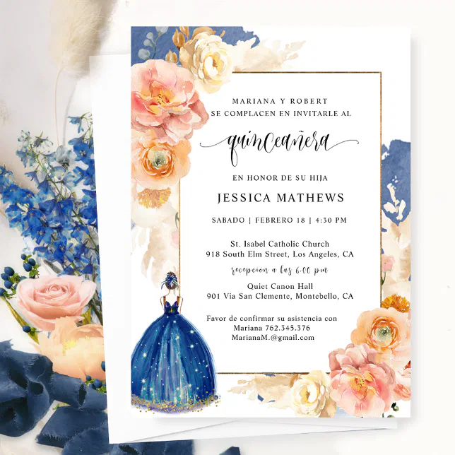 Spanish, Elegant Navy Blue Floral Quinceañera Invitation | Zazzle