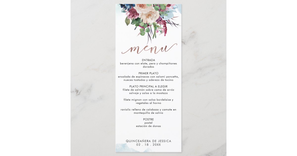 Spanish, Elegant Pastel Floral Quinceañera Menu | Zazzle