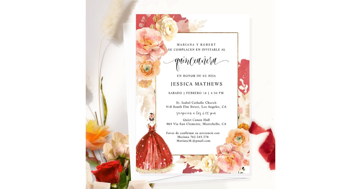Spanish, Elegant Red Floral Quinceañera Invitation | Zazzle