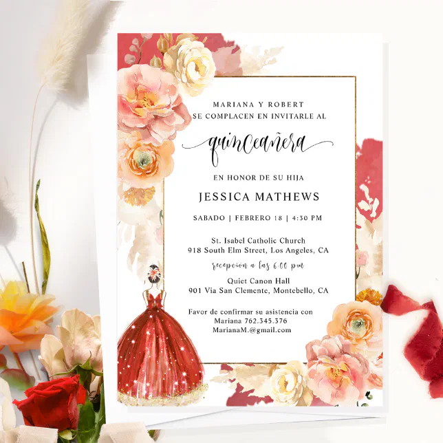 Spanish, Elegant Red Floral Quinceañera Invitation | Zazzle