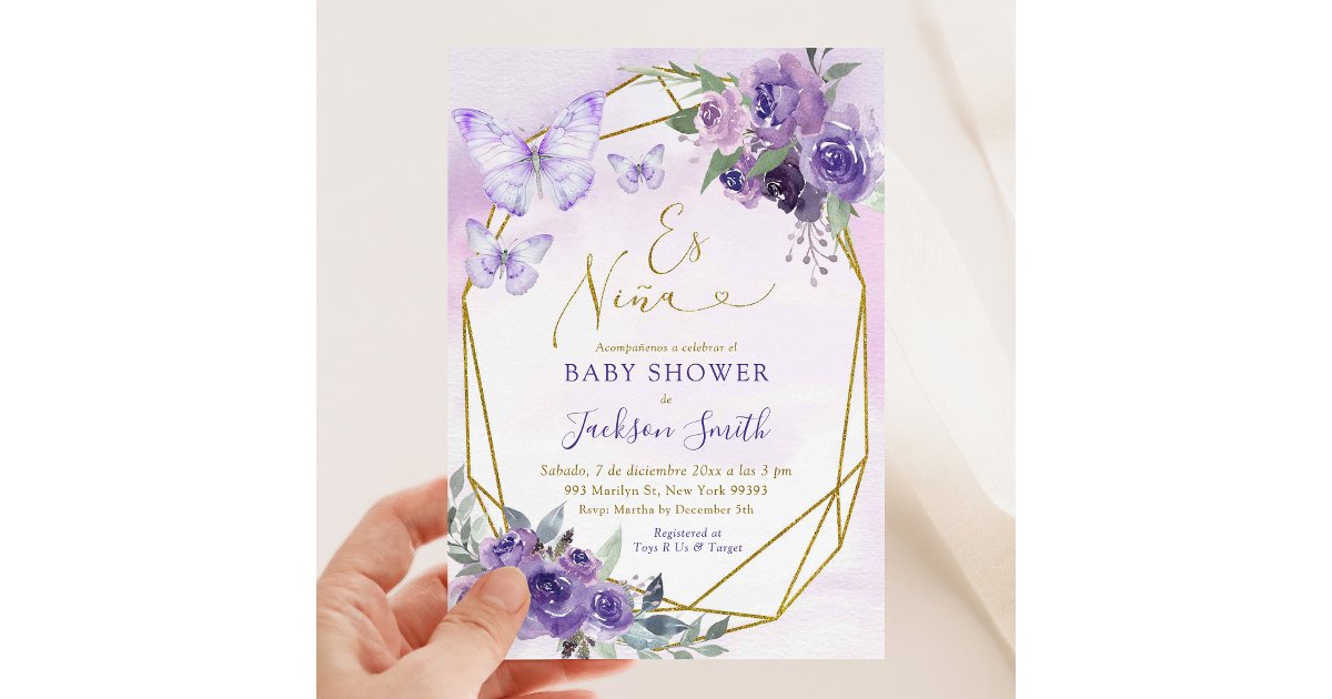 Spanish Es Niña Purple Floral Baby Shower Invitation | Zazzle