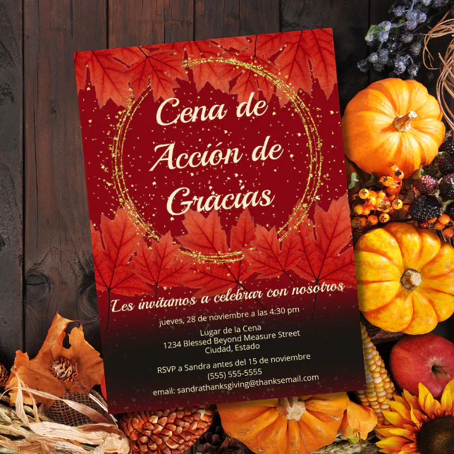 Spanish Fall Leaves Glitter Thanksgiving Dinner Invitation | Zazzle