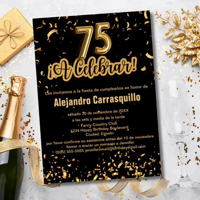 Spanish Fancy Black & Gold Confetti 75th Birthday Invitation | Zazzle