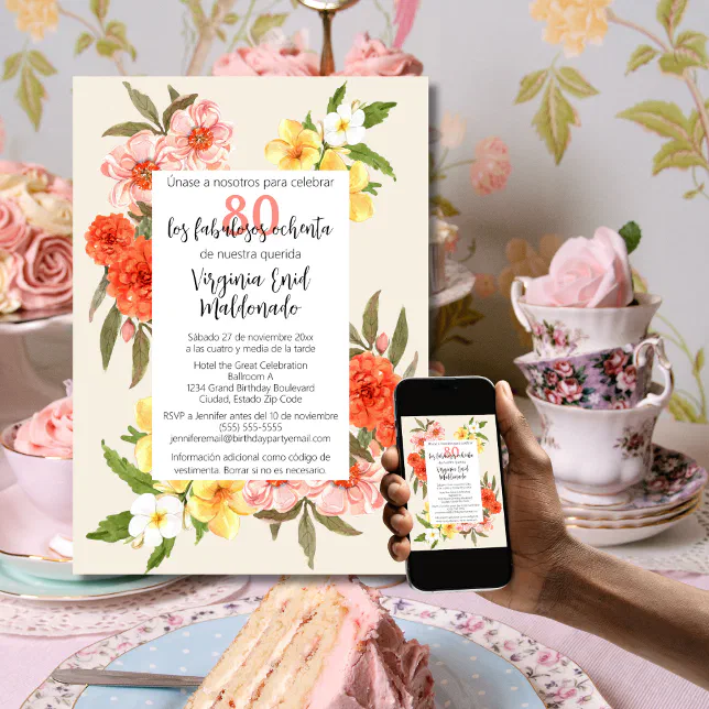 Spanish Fancy Florals White Frame 80th Birthday Invitation | Zazzle