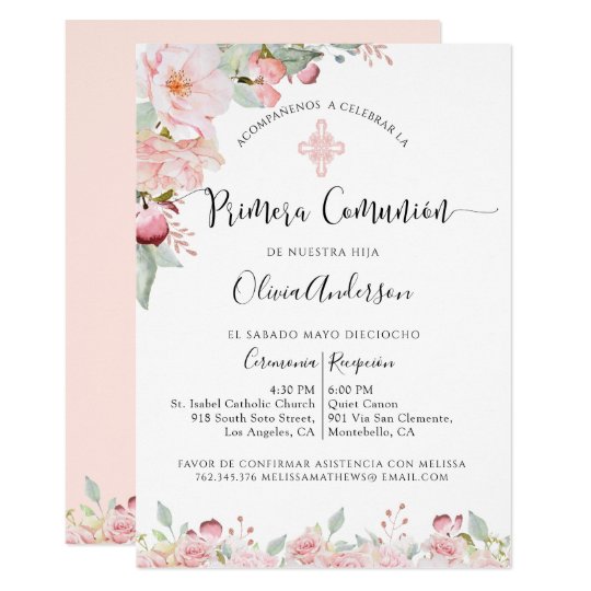 Spanish First Communion Peach and Mint Floral Invitation | Zazzle.com