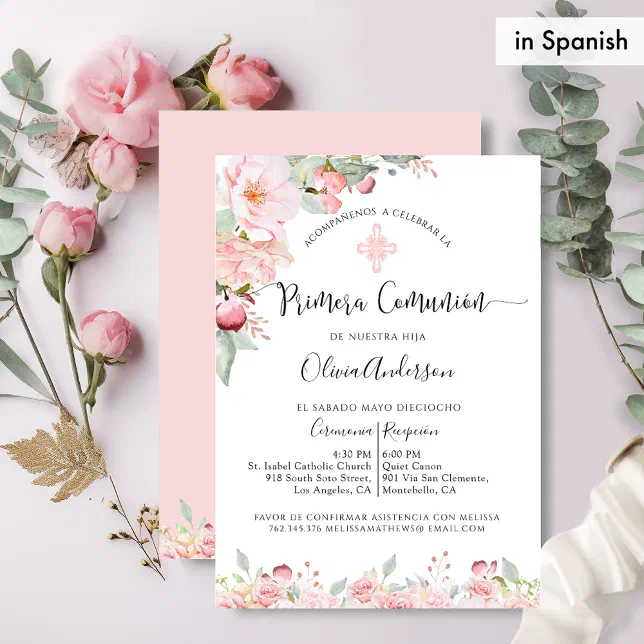 Spanish First Communion Pink and Mint Floral Invitation | Zazzle