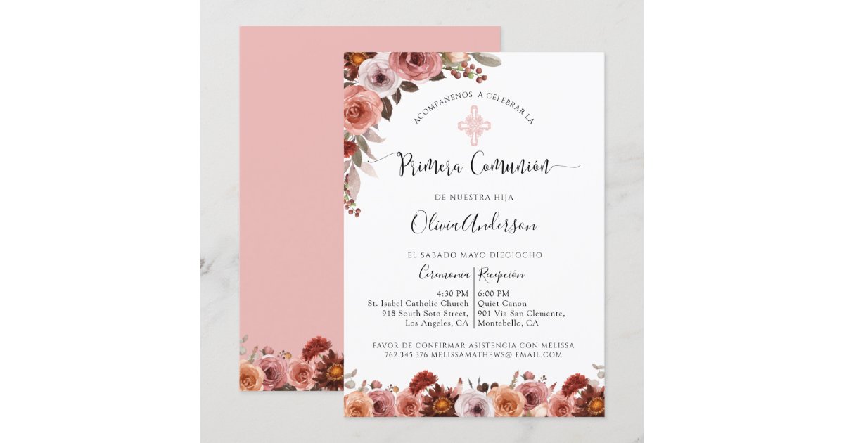 Spanish First Communion Pink Floral Invitation | Zazzle