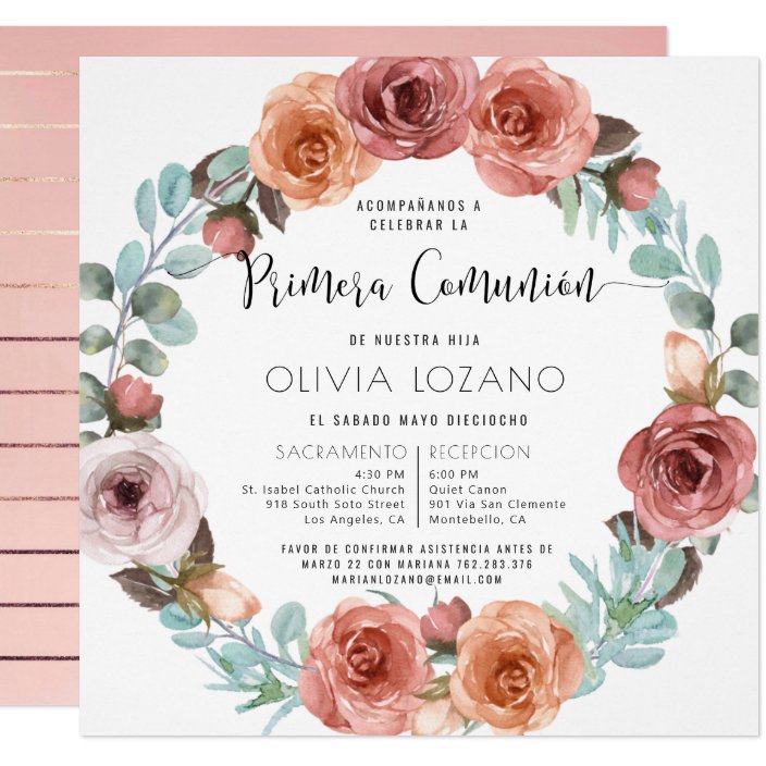 Spanish, First Communion Rose Gold Blush Floral Invitation | Zazzle.com