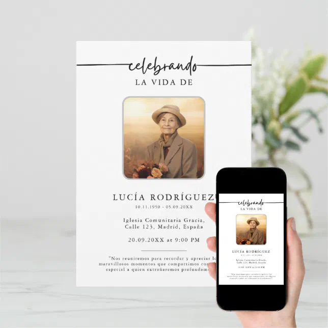 Spanish Funeral Celebrando Memorial Wording Photo Invitation | Zazzle