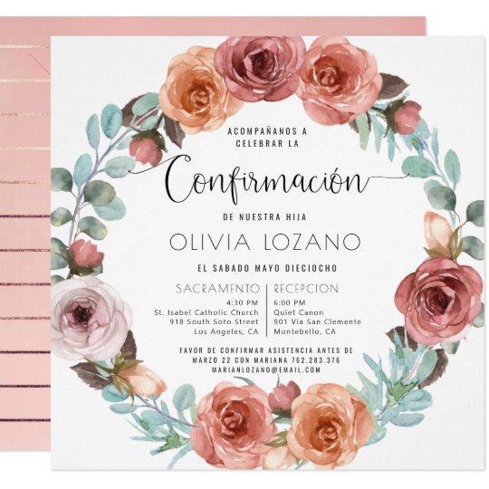 Spanish, Girl Confirmation, Rose Gold Blush Floral Invitation | Zazzle.com