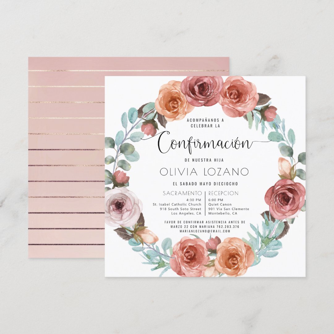 Spanish, Girl Confirmation, Rose Gold Blush Floral Invitation | Zazzle