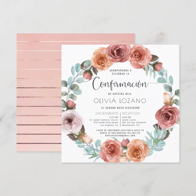 Spanish, Girl Confirmation, Rose Gold Blush Floral Invitation | Zazzle