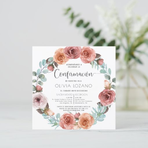 Spanish, Girl Confirmation, Rose Gold Blush Floral Invitation | Zazzle