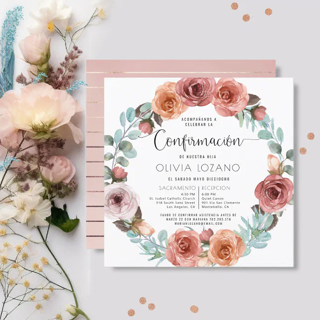 Spanish, Girl Confirmation, Rose Gold Blush Floral Invitation | Zazzle