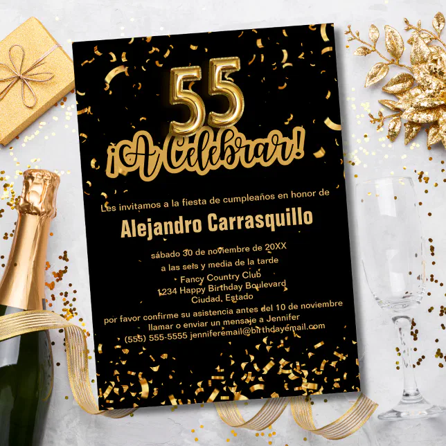 Spanish Glam Black & Gold Confetti 55th Birthday Invitation | Zazzle