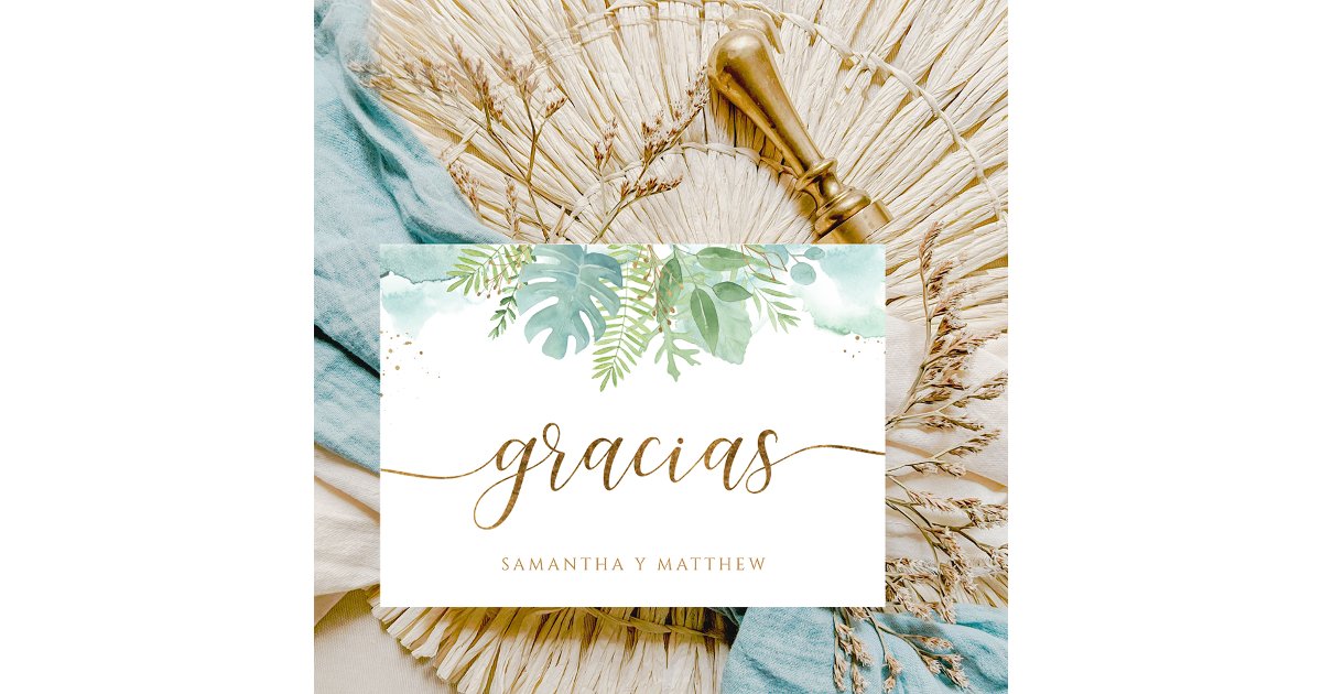 Spanish, Greenery and Blue Green Watercolor, Thank You Card | Zazzle