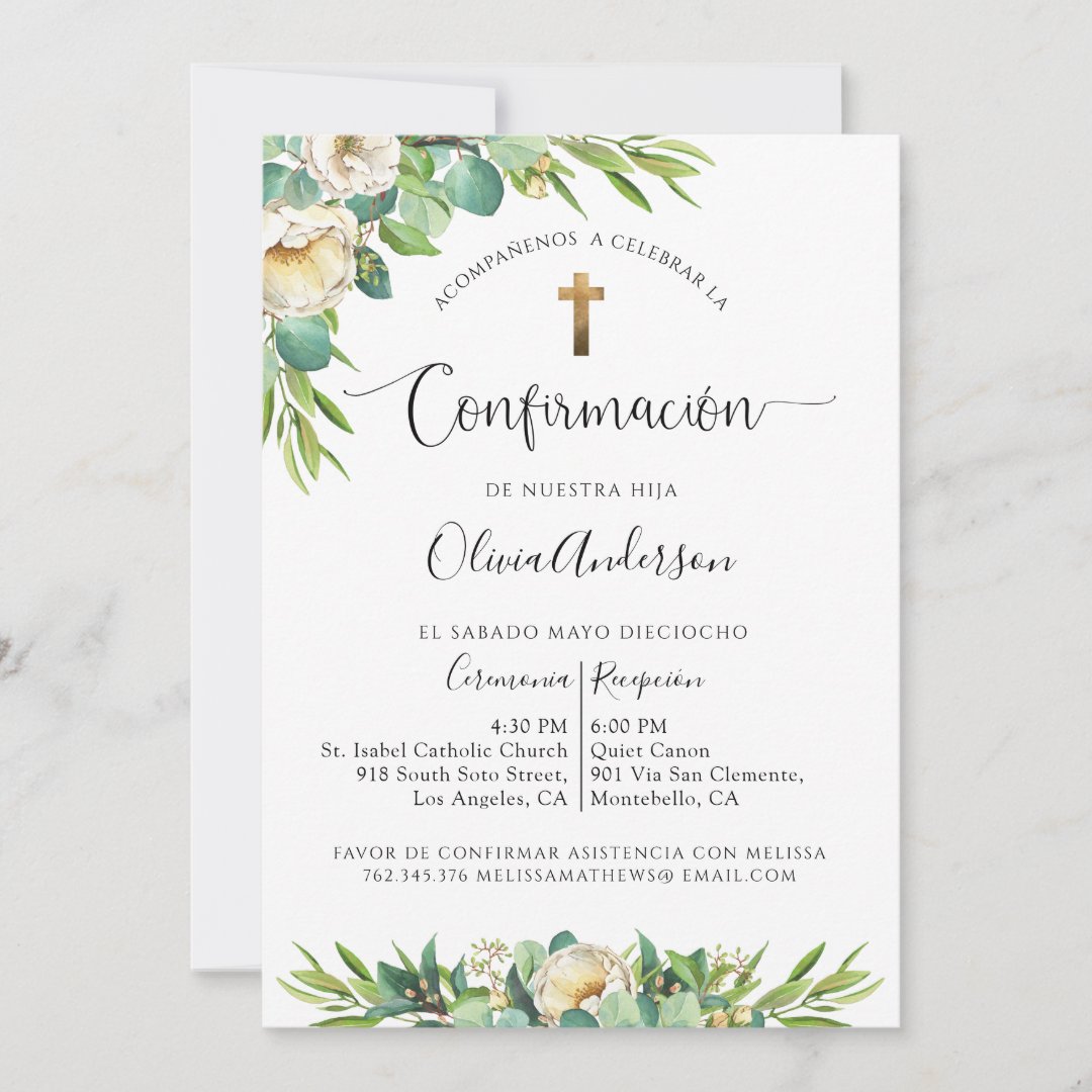 Spanish, Greenery White Yellow Floral Confirmation Invitation | Zazzle