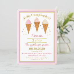 Spanish Ice Cream Cone Pink and Gold Birthday Invitation | Zazzle