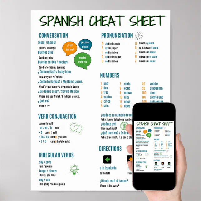 Spanish Language Cheat Sheet for Beginner Learners Poster | Zazzle