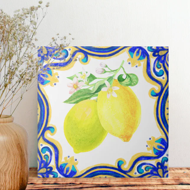Spanish Lemon Mediterranean Yellow Blue Ceramic Tile | Zazzle