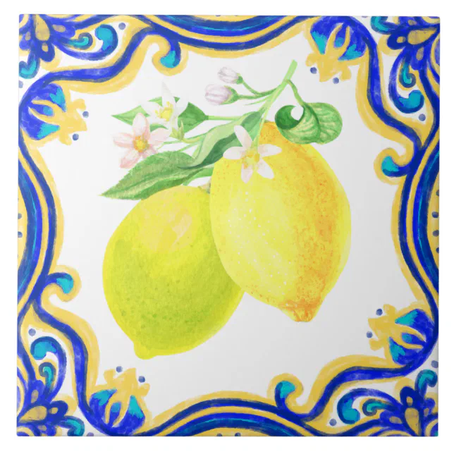 Spanish Lemon Mediterranean Yellow Blue Ceramic Tile | Zazzle
