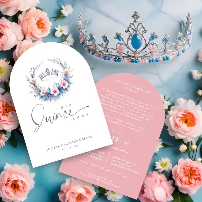 Spanish Lovely Blue Pink Floral Quinceañera Tiara Invitation | Zazzle