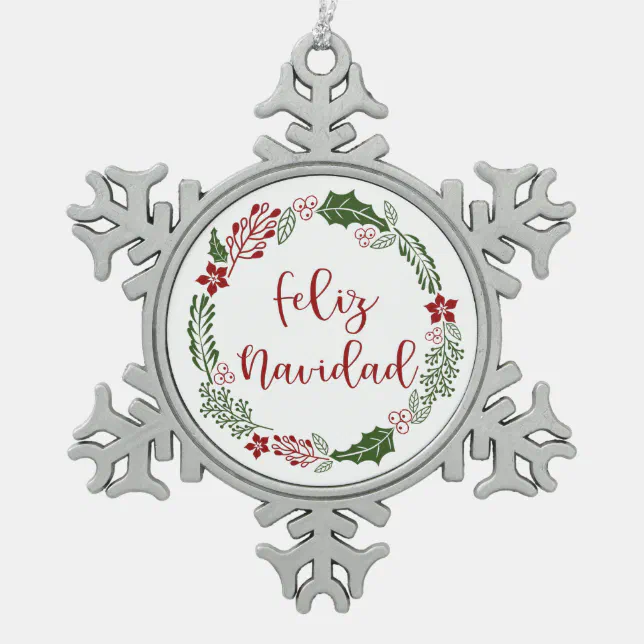 Spanish Merry Christmas Wreath, Feliz Navidad Snowflake Pewter ...