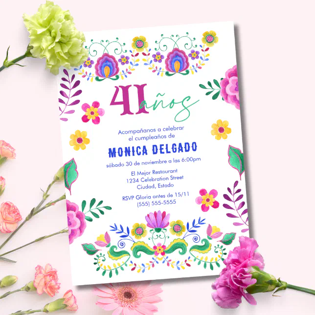 Spanish Mexican Fiesta Floral 41st Birthday Party Invitation | Zazzle