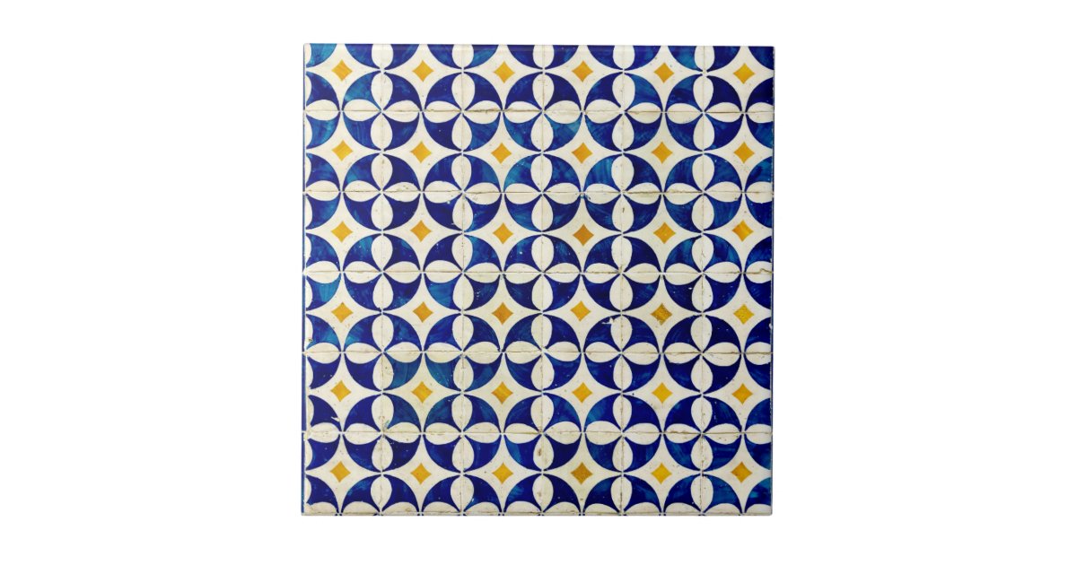 Spanish Moroccan Tile Navy Blue Yellow White | Zazzle