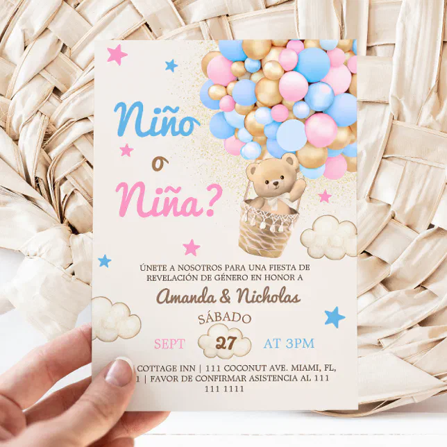 Spanish Nino o Nina Bear Balloon Gender Reveal Invitation | Zazzle