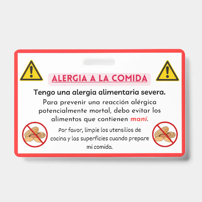 Spanish Peanut Allergy Alert Chef Card Badge | Zazzle