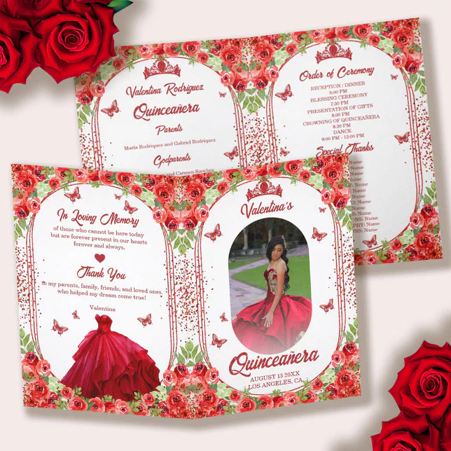 Spanish Photo Red Glitter Floral Quinceanera Program | Zazzle