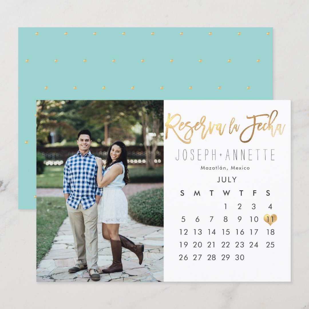 Spanish Photo Save the Date Calendar faux gold Invitation | Zazzle
