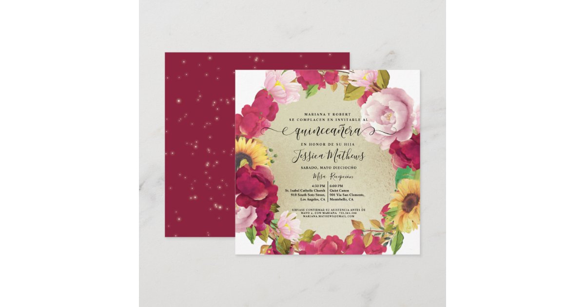 Spanish, Quinceañera Elegant Red Floral Invitation | Zazzle