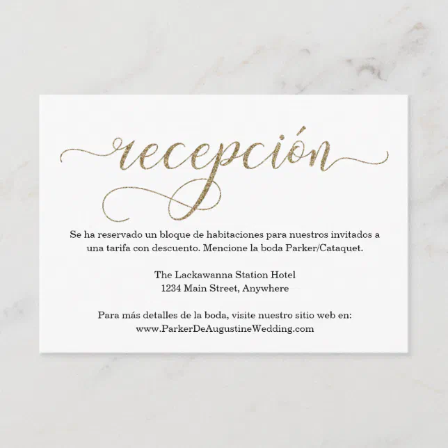 Spanish Reception Gold Glitter Enclosure Card | Zazzle
