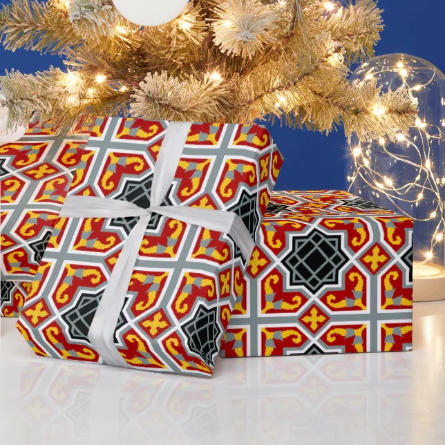 Spanish red and yellow octagonal pattern wrapping paper | Zazzle