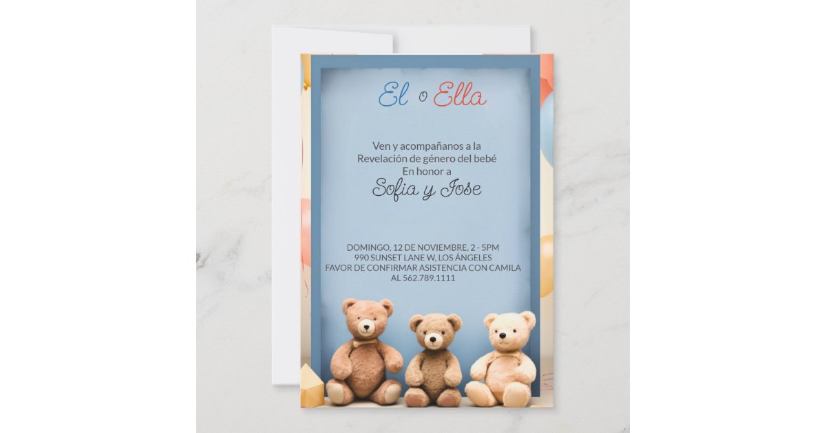 Spanish Teddy Bear Theme Gender Reveal Invitation | Zazzle