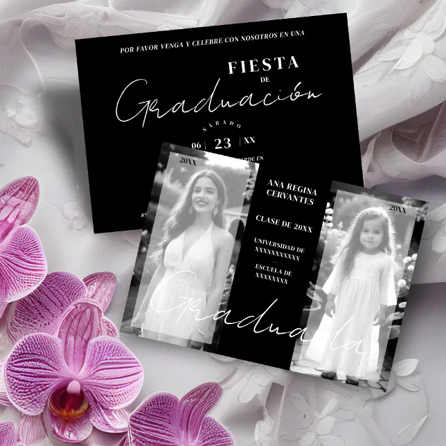 Spanish Then Now Minimal Black White 2 Photos Grad Invitation | Zazzle