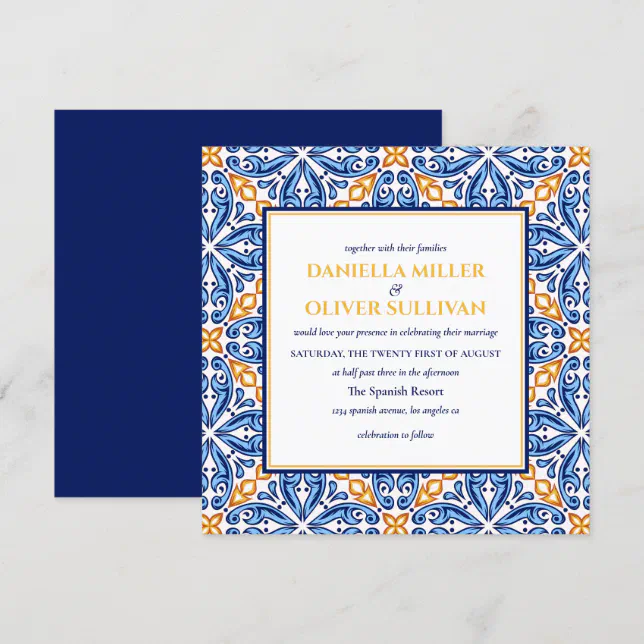 Spanish Tile | Yellow Blue Mediterranean wedding Invitation | Zazzle