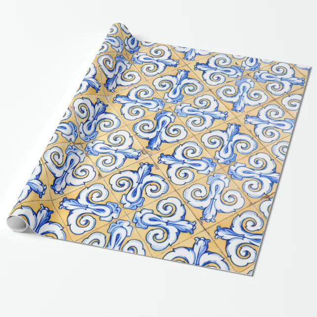 Spanish Tiles - Azulejo Blue, Yellow and White Wrapping Paper | Zazzle