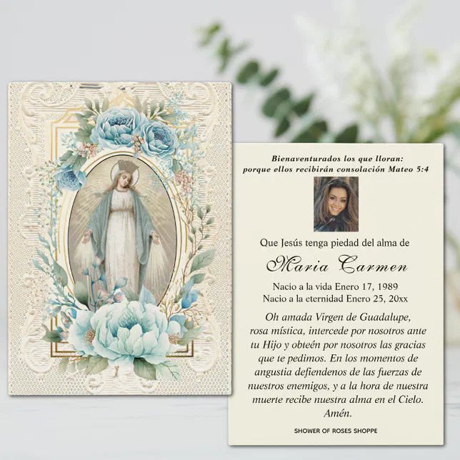 Spanish Virgin Mary Funeral Memorial Prayer Card | Zazzle