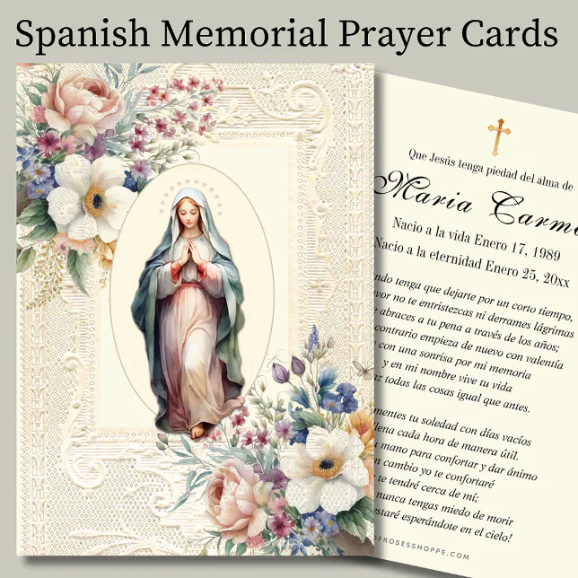 Spanish Virgin Mary Funeral Memorial Prayer Note Card | Zazzle