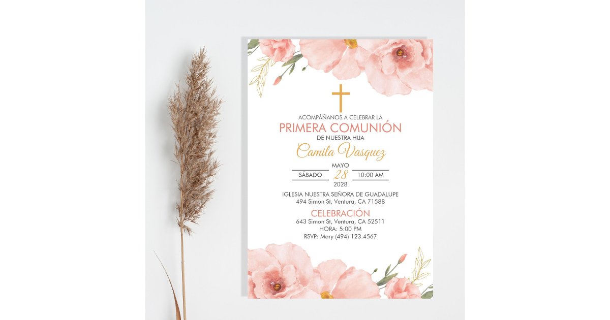 Spanish Watercolor Flowers First Communion Invitation | Zazzle