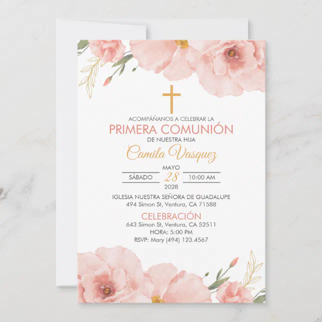 Spanish Watercolor Flowers First Communion Invitation | Zazzle